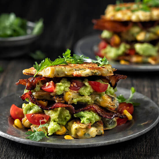 Spicy Corn Cake, Bacon and Avocado Stack Recipe | Simplot Foods